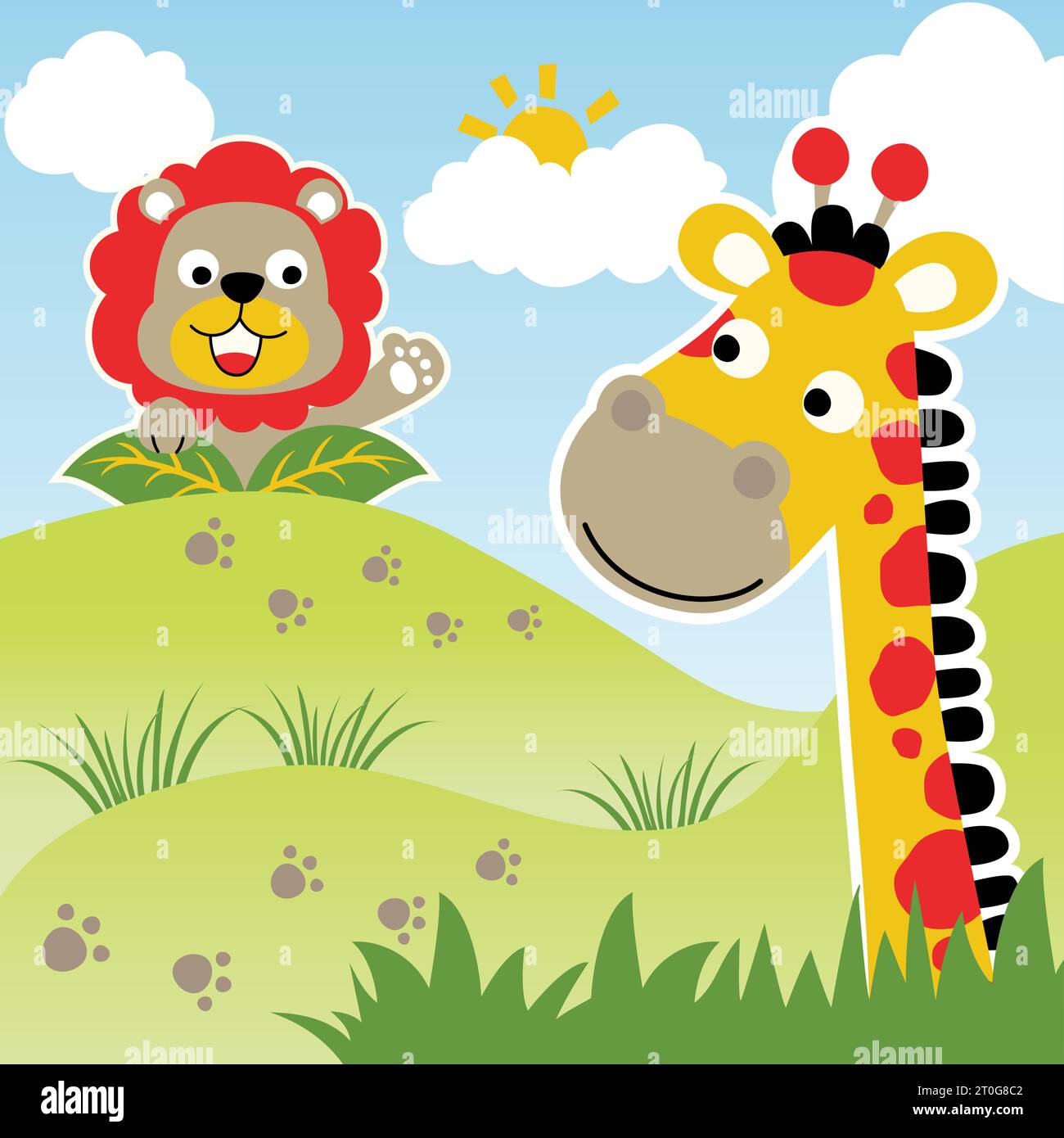 Funny giraffe and lion playing hide and seek, vector cartoon ...