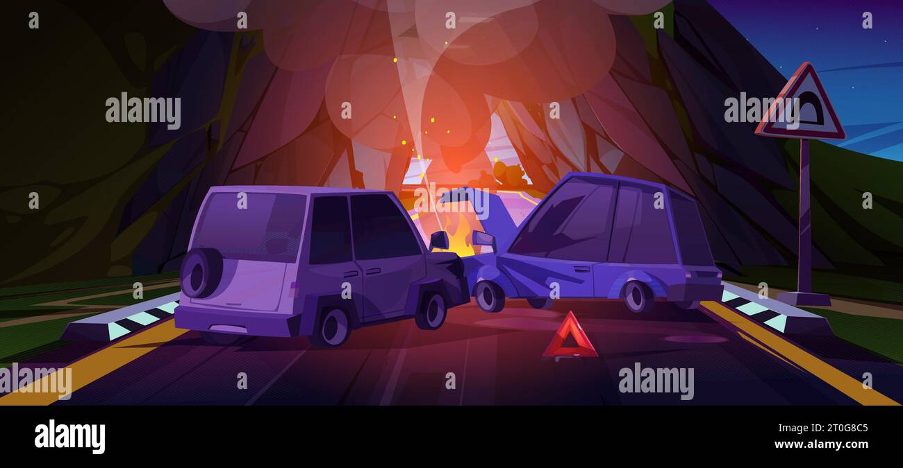 Night car crash on mountain tunnel road. Vector cartoon illustration of ...