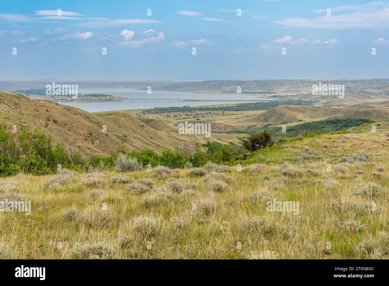 Looking down a valley of grassland at Diefenbaker Lake in Saskatchewan ...