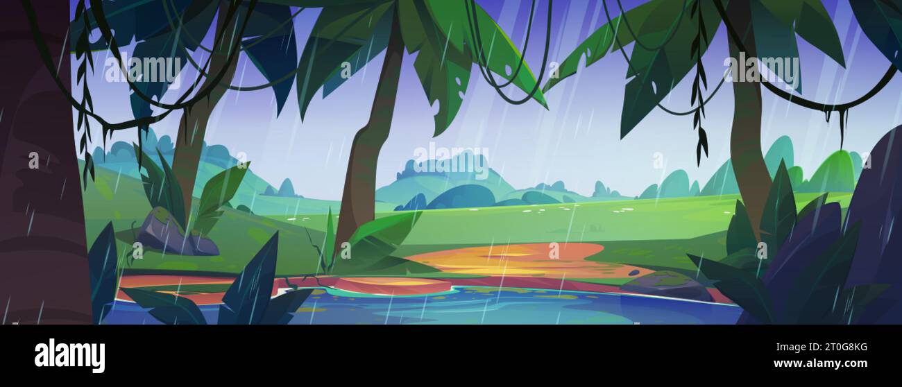 Rain in tropical forest with lake. Vector cartoon illustration of ...