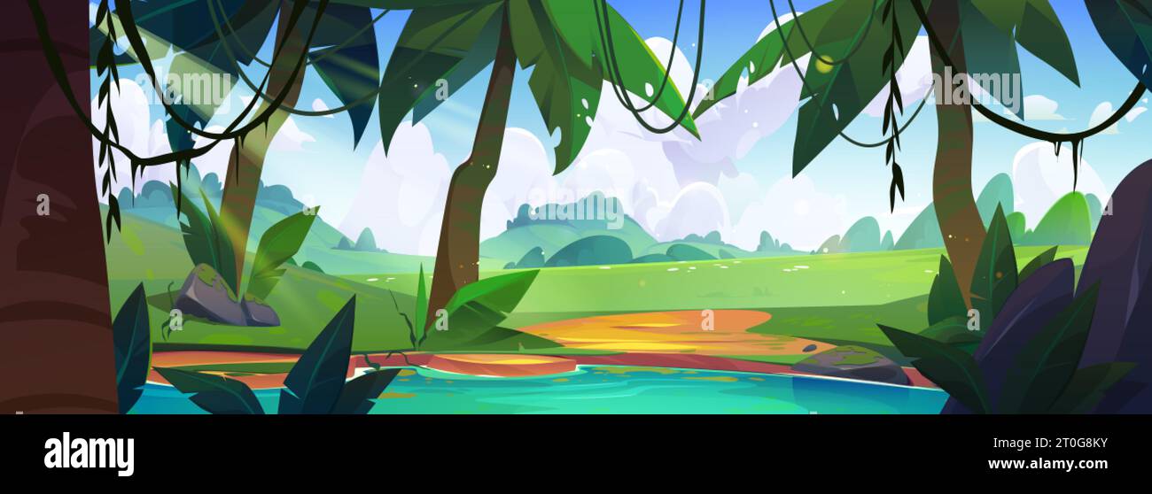 Jungle forest with lake vector cartoon background. Tropical rainforest ...