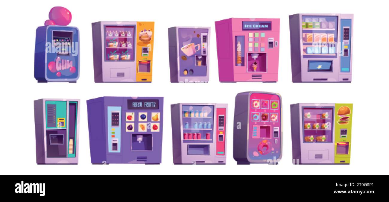 Vending machine cartoon vector illustration set. Equipment slot with ice cream, soda, coffee ...