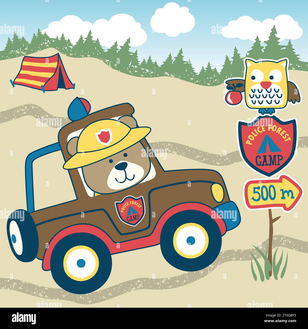 Cute bear driving car, owl perching on signpost, vector cartoon ...