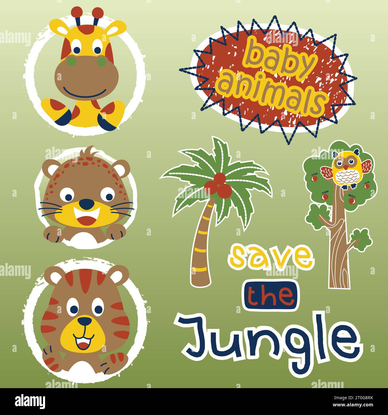 smile face of cute animals with jungle elements, vector cartoon ...