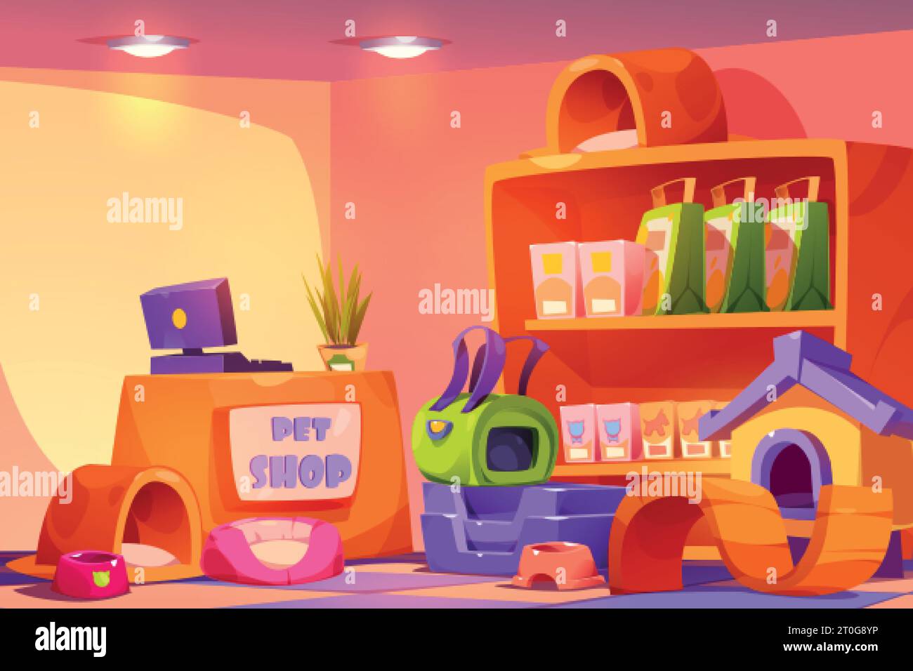 Pet shop interior with house, food and carrier for puppy or cat vector ...