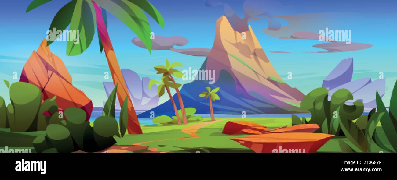 Volcano eruption cartoon vector landscape with active volcanic mountain ...