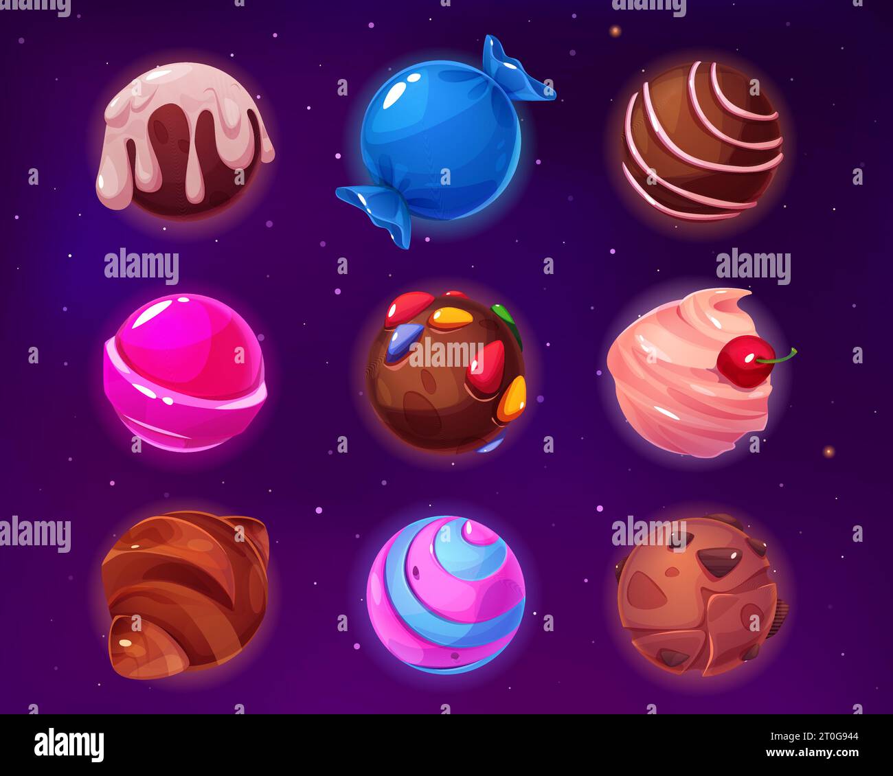 Fantasy candy planet in cartoon vector illustration set. Sweet dessert ...