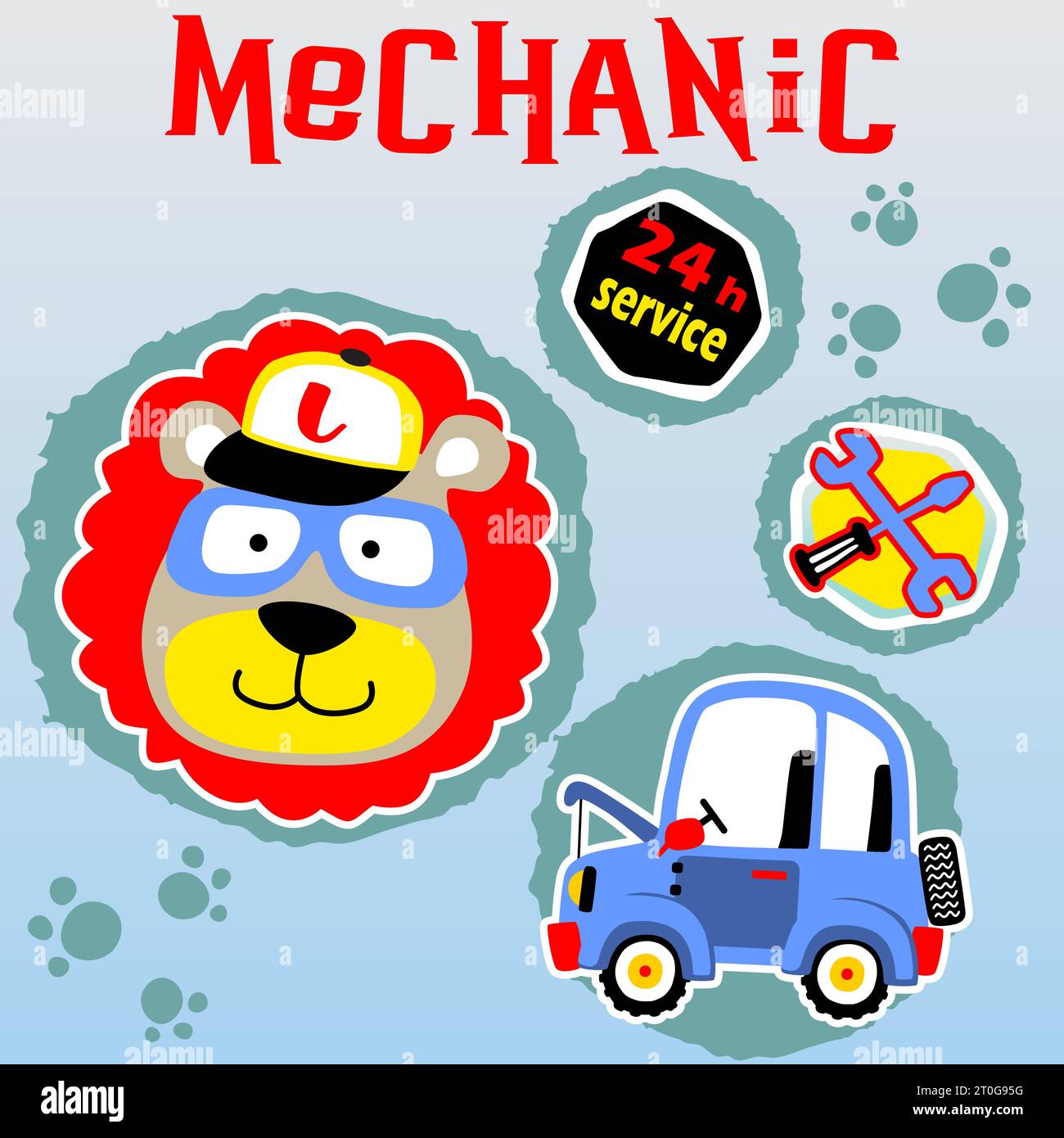 Cute lion the mechanic, auto repair shop elements, vector cartoon ...