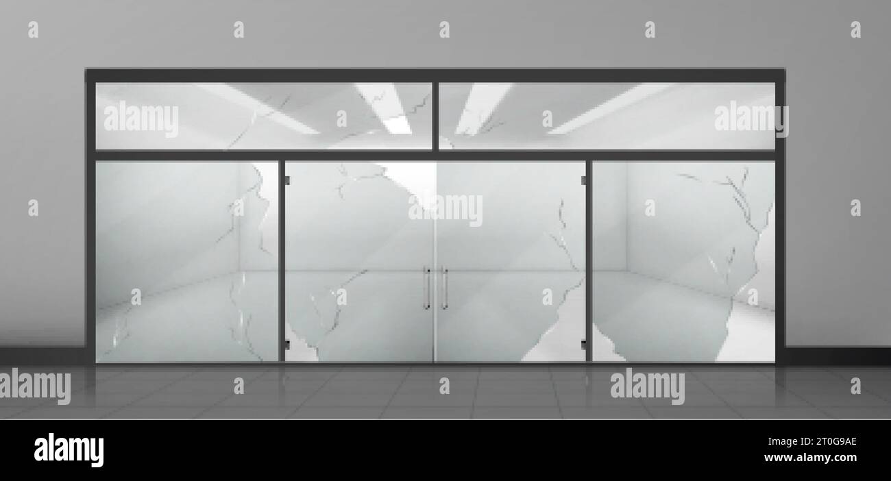 Broken glass entrance to store or museum. Transparent closed large door ...