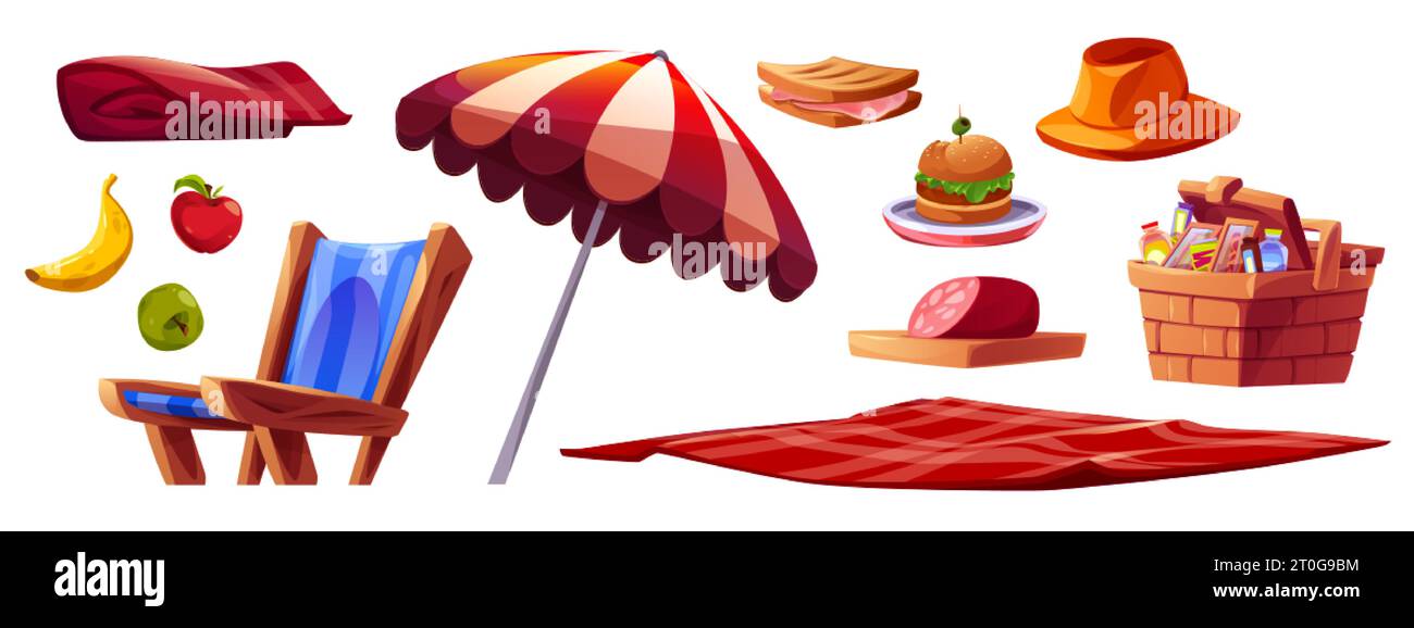 Picnic basket, food and blanket summer cartoon set. Fruit and sandwich ...