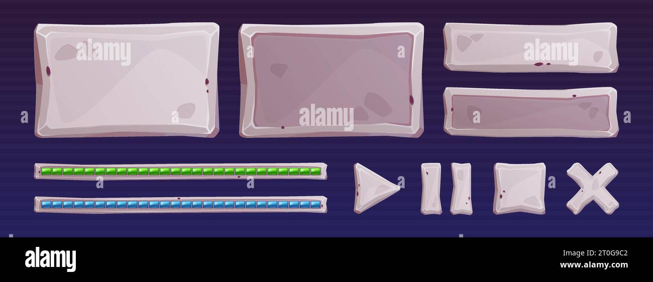 Stone Game User Interface Assets Cartoon Vector Illustration Set Of Rock Plates And Buttons
