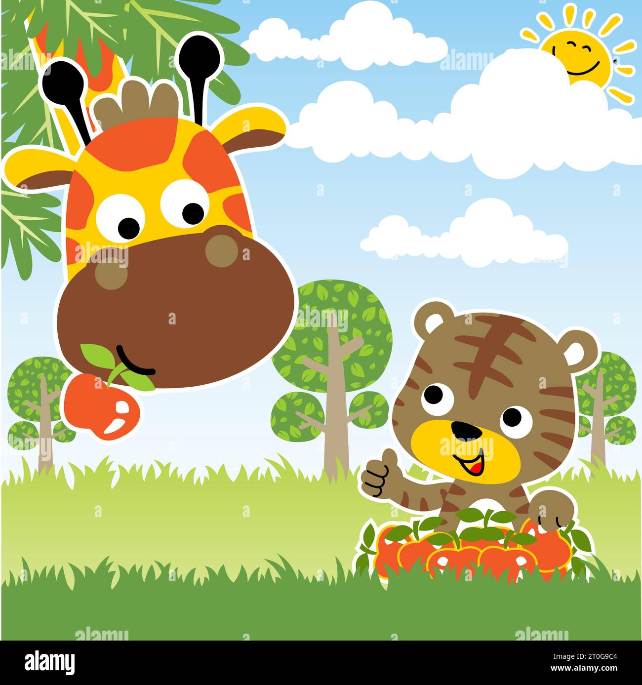 Cute giraffe and tiger in fruits in the forest, vector cartoon ...