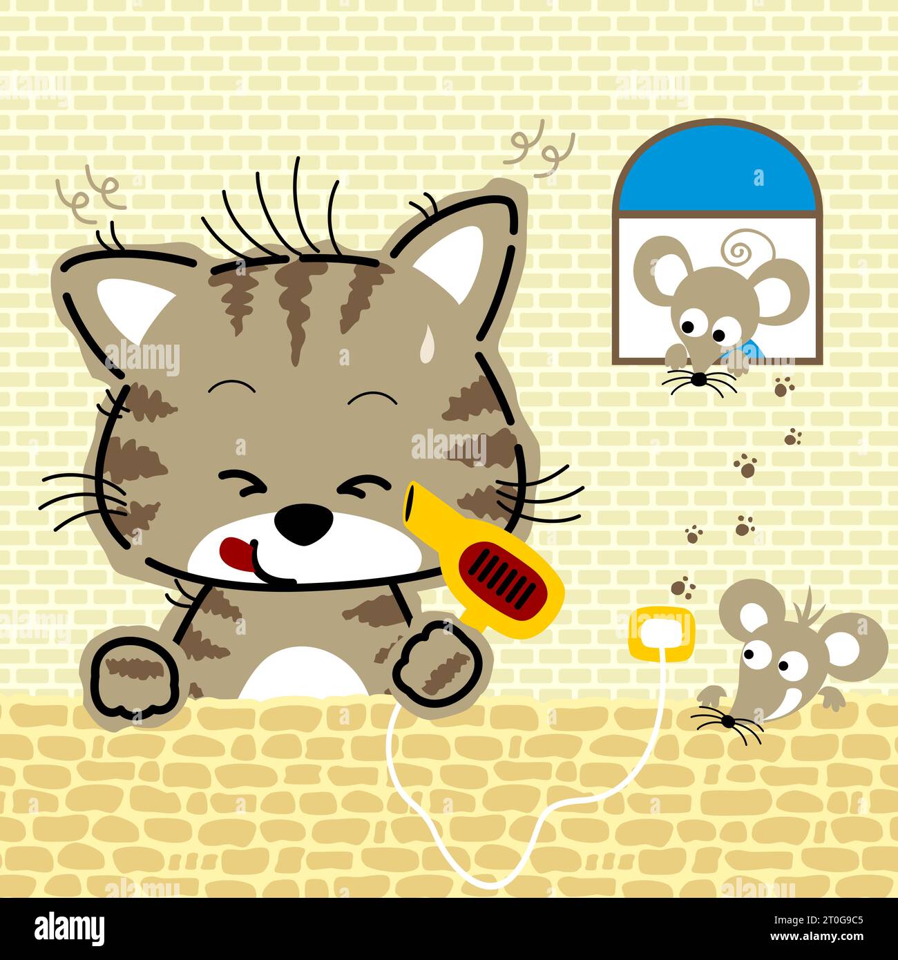 Little cat holding hair dryer with two mice on bricks wall background, vector cartoon ...
