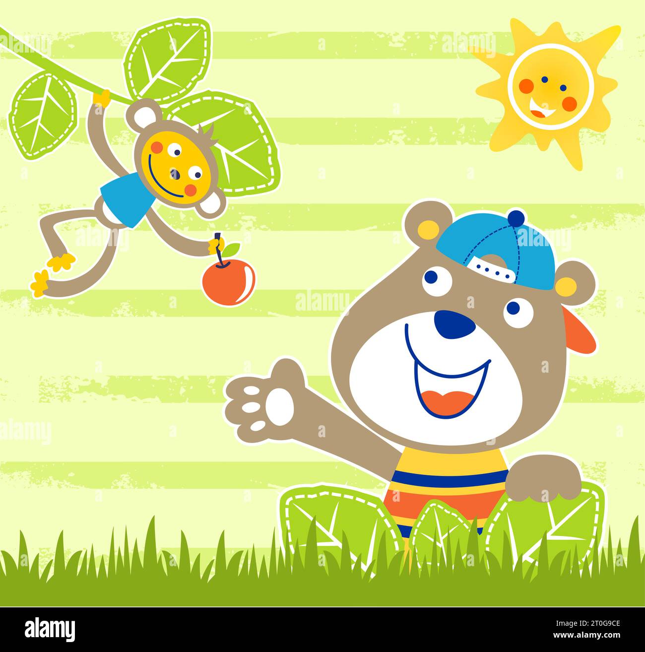 funny monkey holding fruit in tree branches with cute bear, smiling sun ...