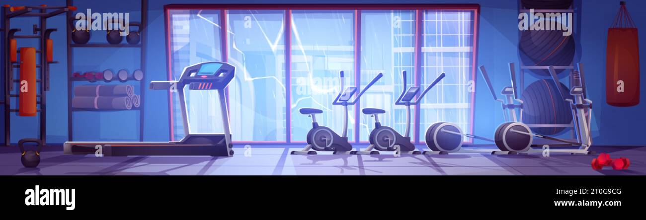 Cartoon gym with equipment, rainy cityscape view in window. Vector ...