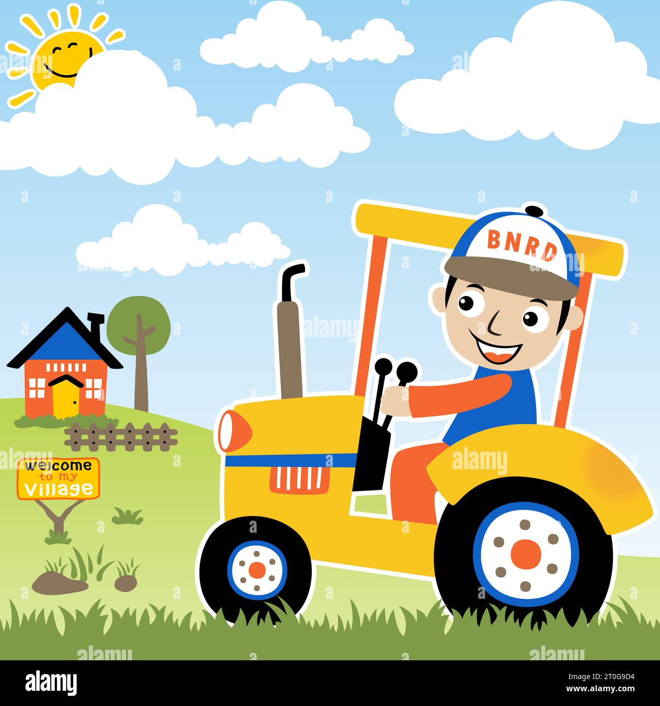 Young farmer on tractor in farm field, vector cartoon illustration ...