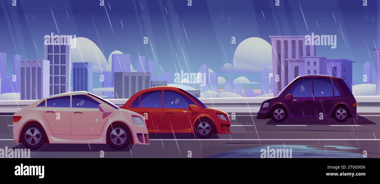 City street traffic on rainy day. Vector cartoon illustration of cars ...