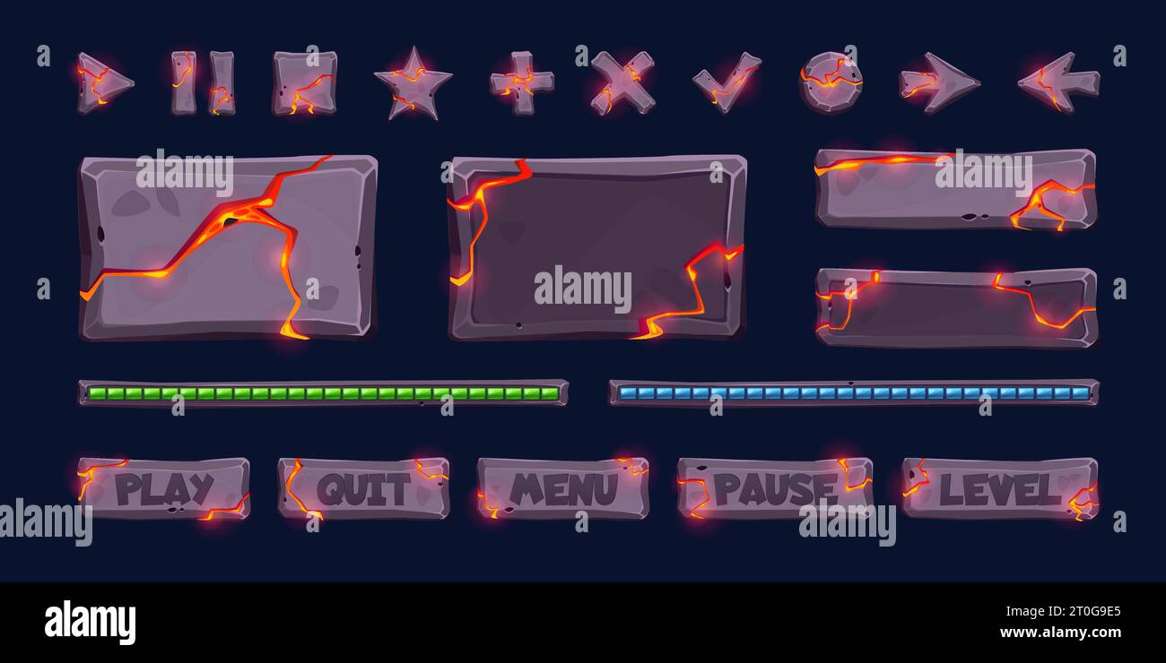 Stone with lava texture game interface vector. Volcano board crack ui button cartoon ...