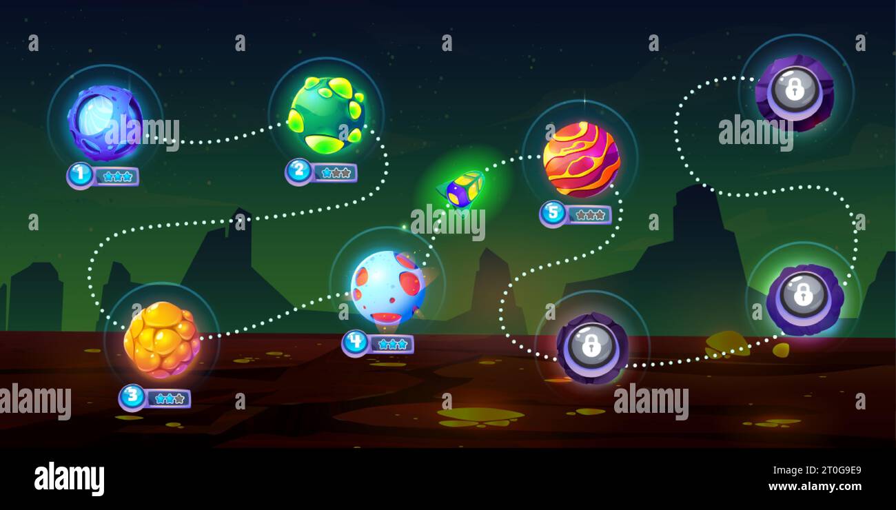 Space Game Ui Level Map With Imaginary Alien Planets On Way To Finish Line And Player Rocket