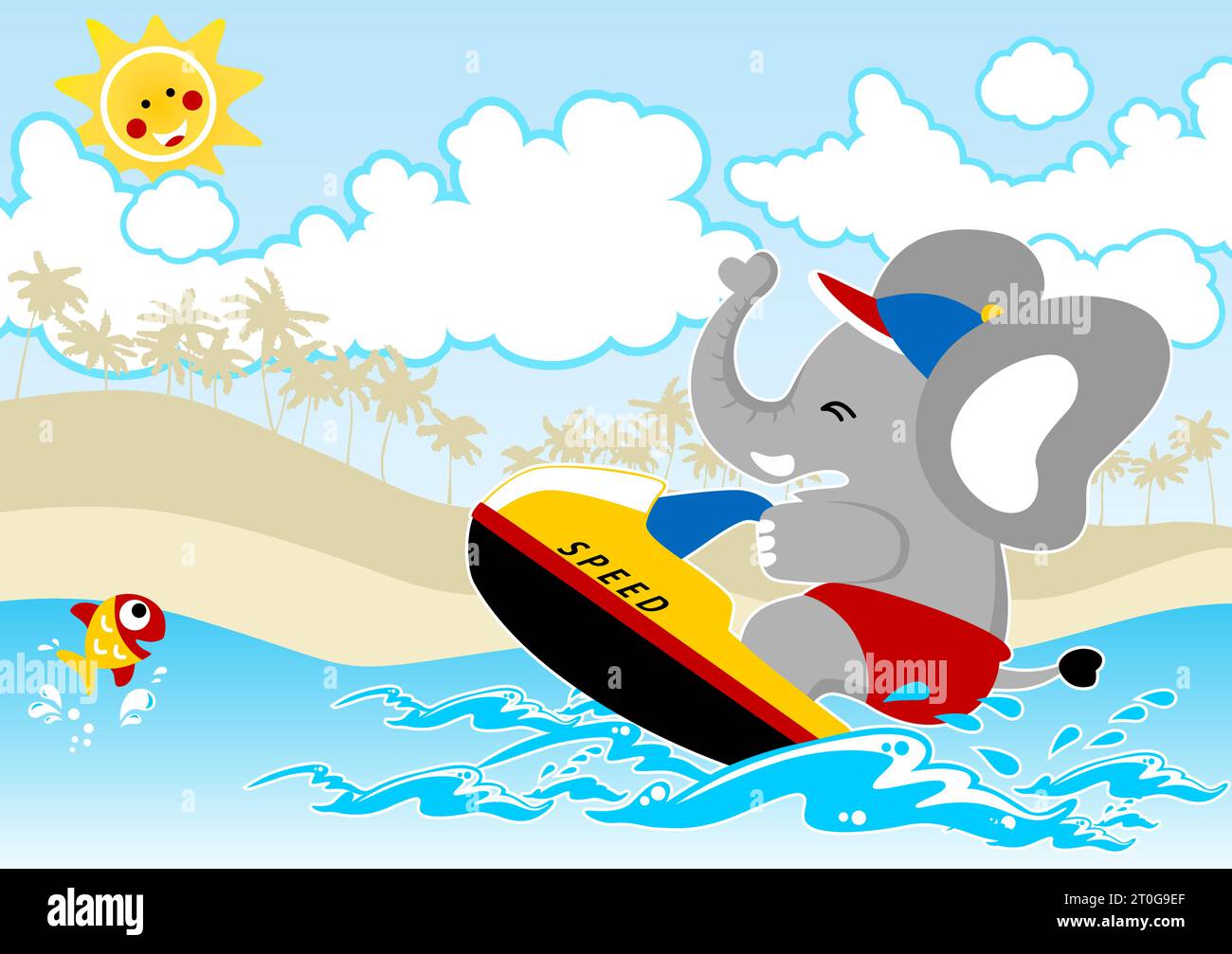 Cute elephant playing jet ski in the beach at summer holiday, little ...