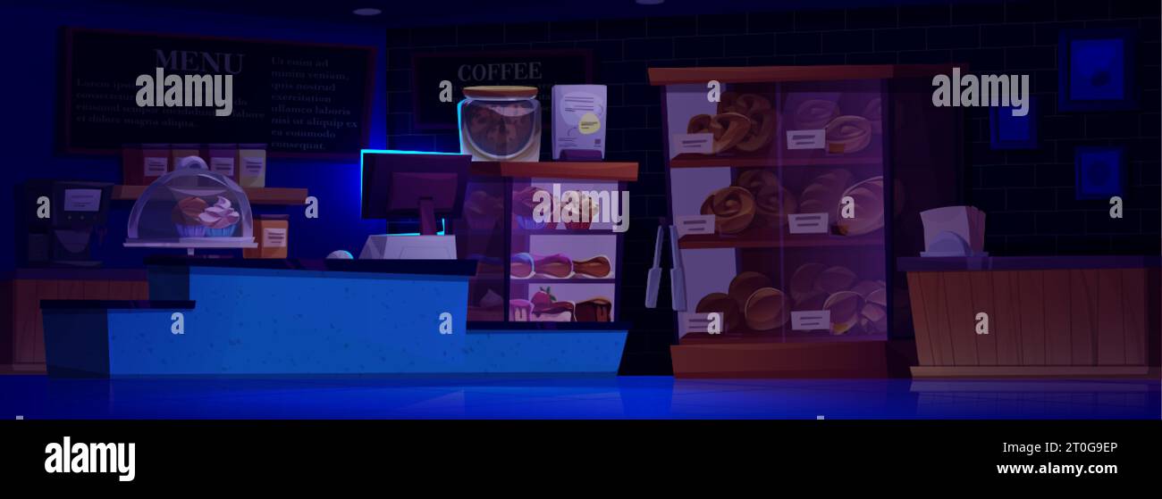 Night bakery counter in cafe store interior vector background. Modern ...