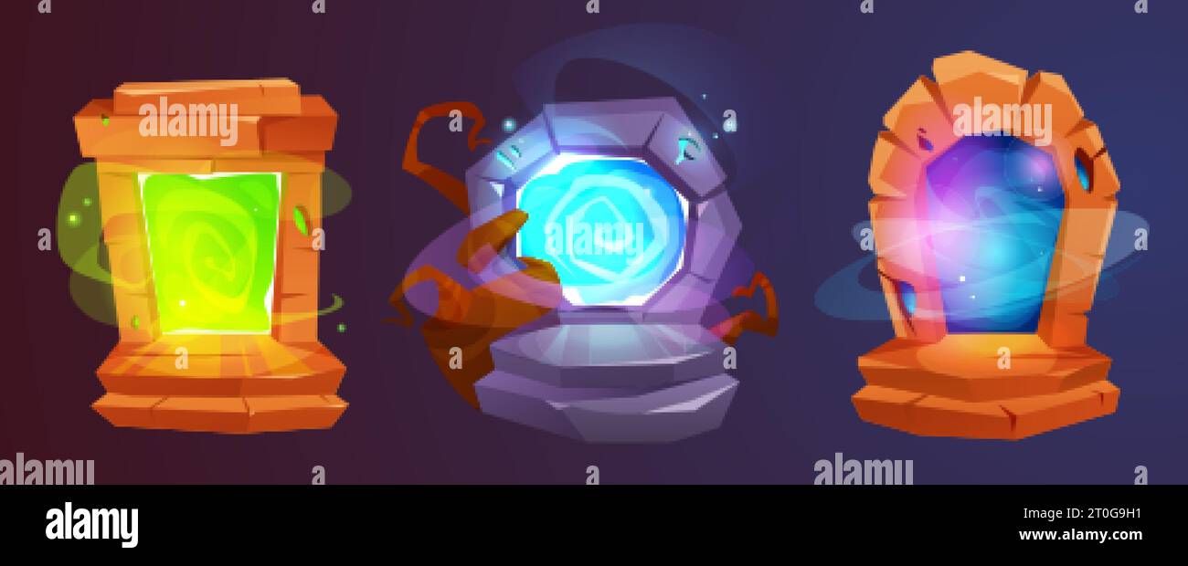 Magic portals with neon light inside. Vector cartoon illustration of ...