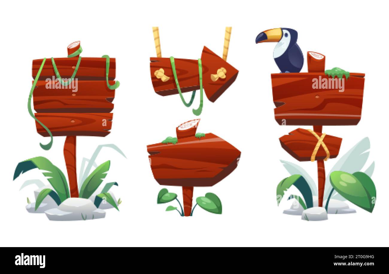 Jungle wooden sign board with toucan and stones, green grass and liana ...