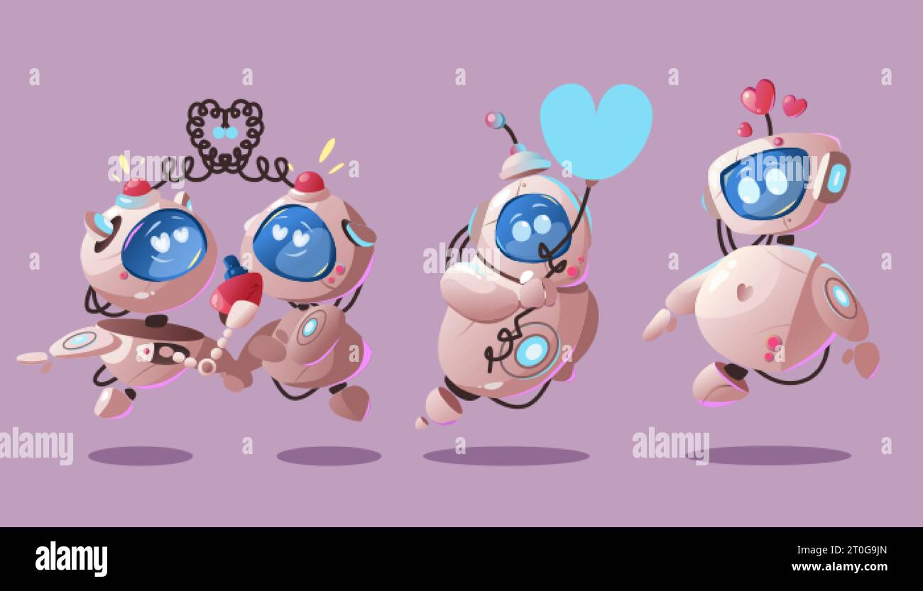 Cute ai robot bot character fall in love cartoon illustration. Happy ... Cute ai robot bot character fall in love cartoon illustration. Happy ...