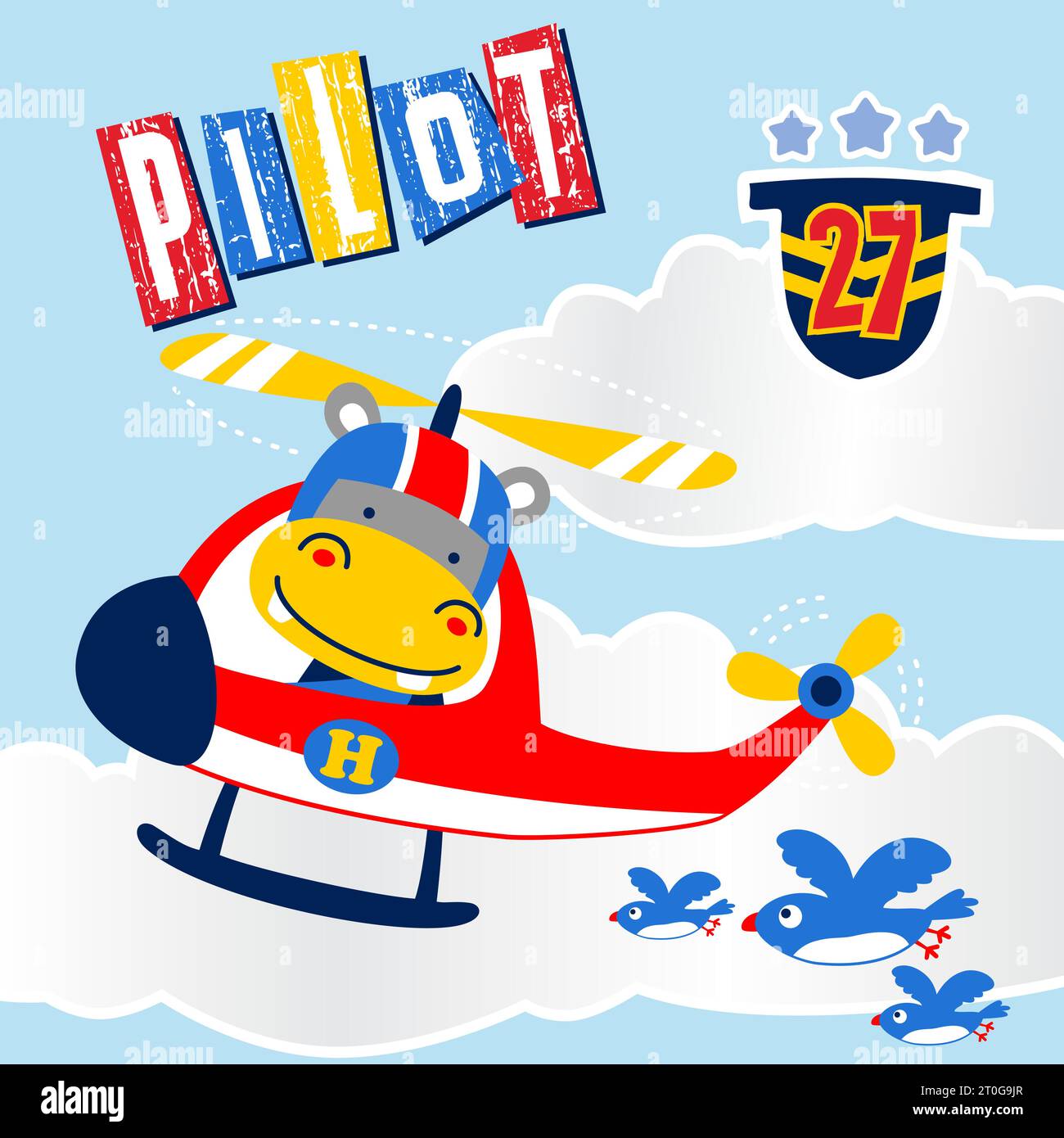 Cute hippo on helicopter with birds, vector cartoon illustration Stock ...