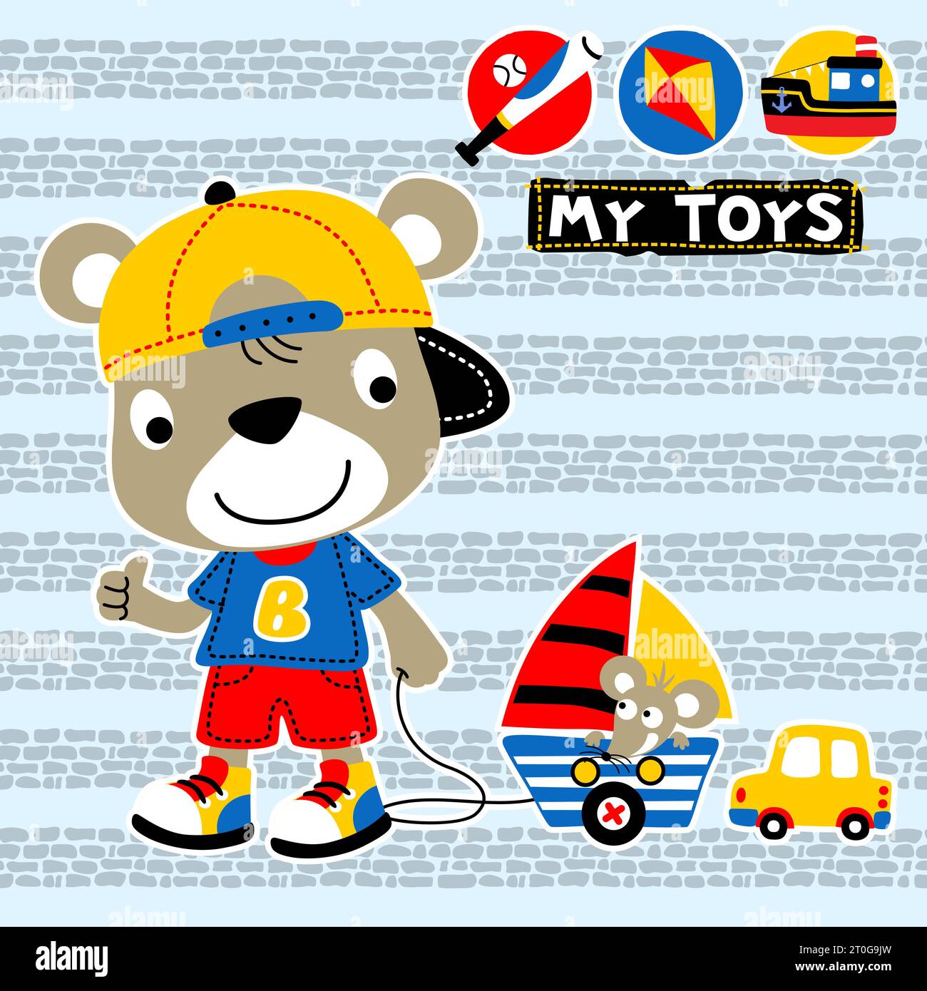 Cute bear cartoon with it toys, little mouse on sailboat toy, vector ...
