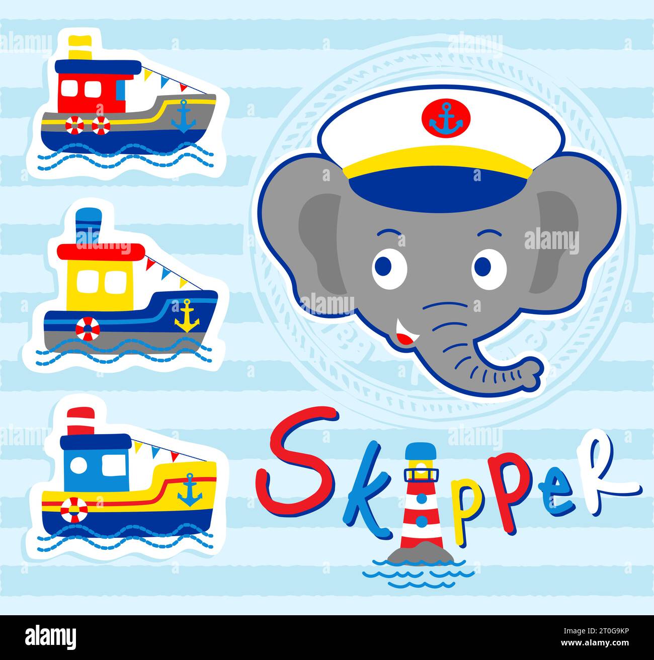 Cute elephant smile face with nautical vessel and lighthouse, vector ...