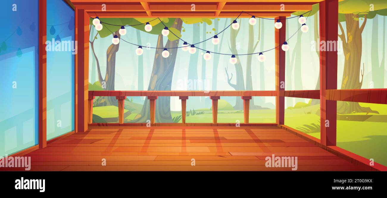 Forest home porch country vector illustration. Cottage terrace in ...