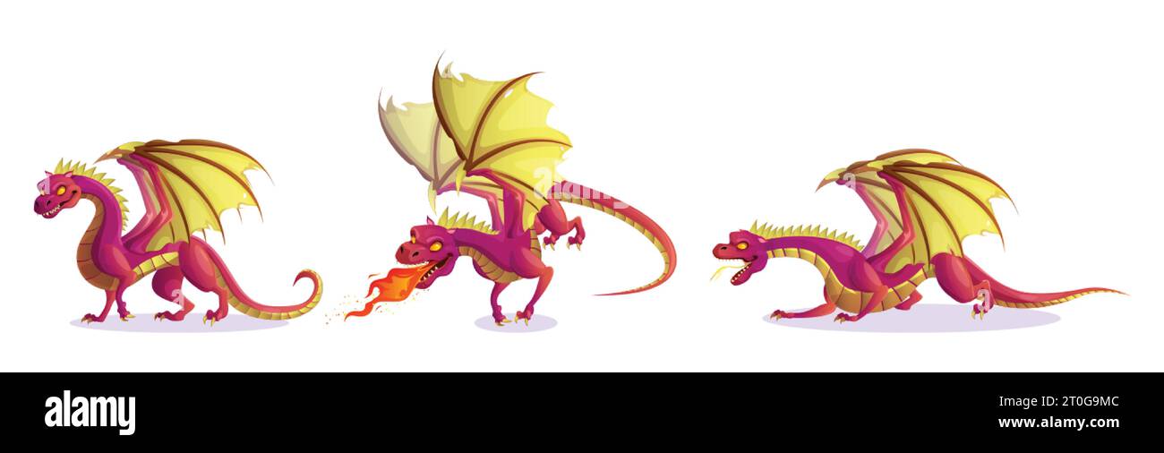Cartoon set of fairytale dragon character with fire breath isolated on ...