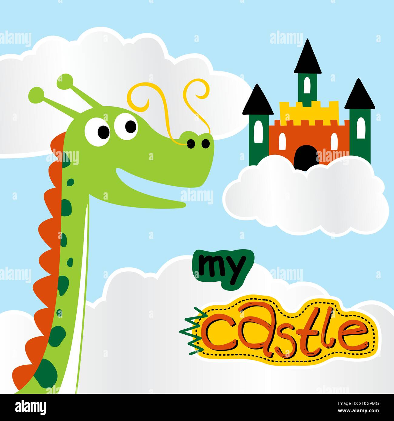 Funny dragon with castle on clouds, vector cartoon illustration Stock ...