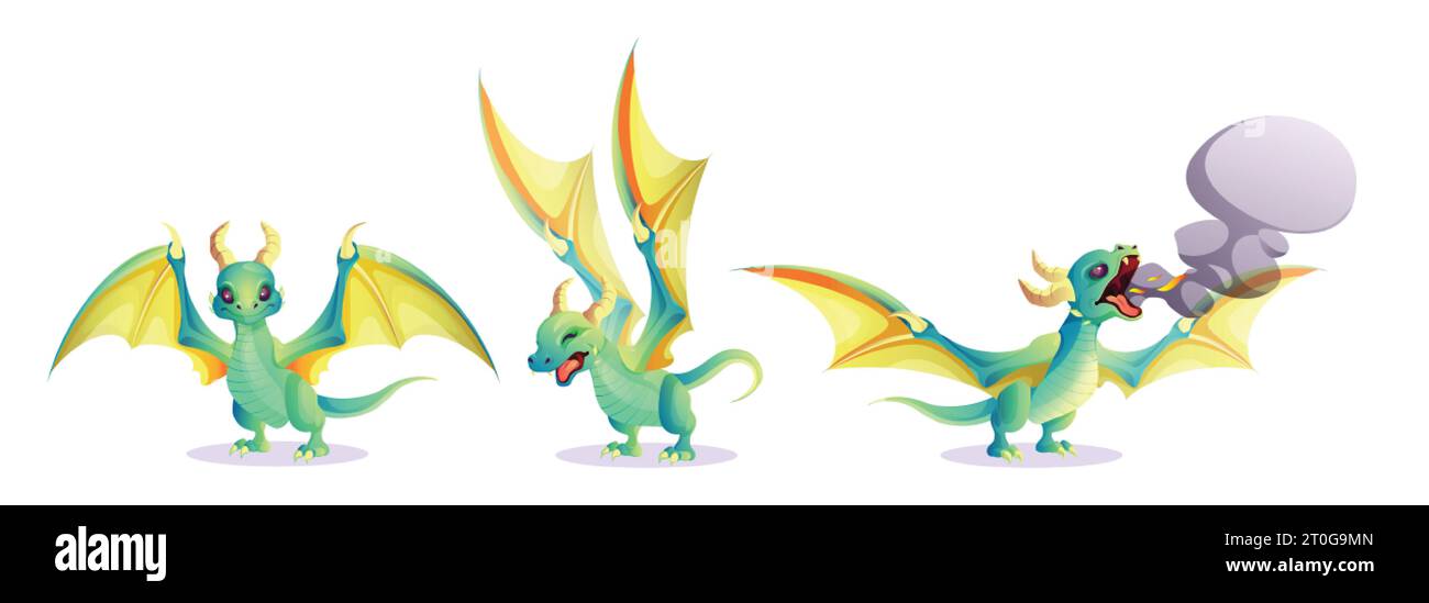 Fantasy dragon for game design. Cute cartoon fairy green reptile animal ...