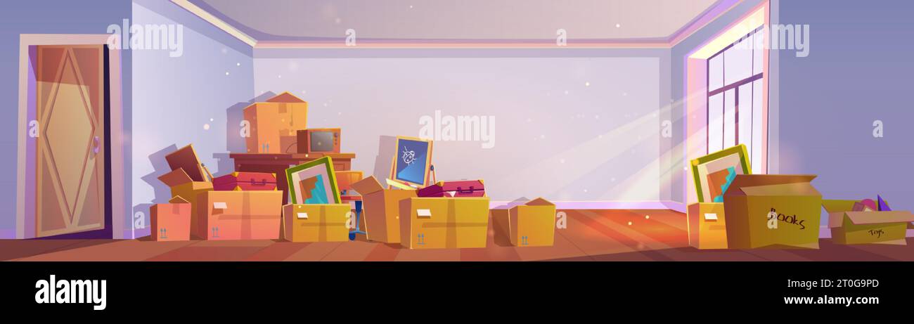 Move to new home with carton box in room vector. House relocation ...