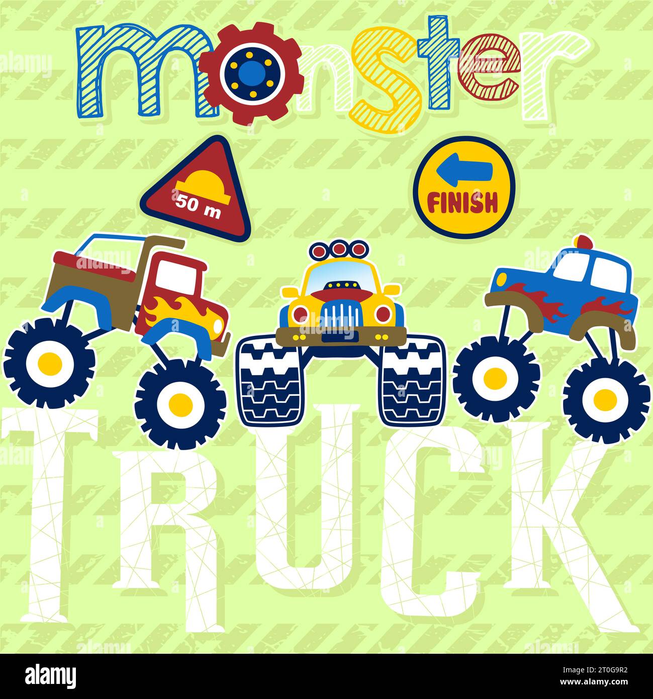 monster trucks with racing car element, vector cartoon illustration ...
