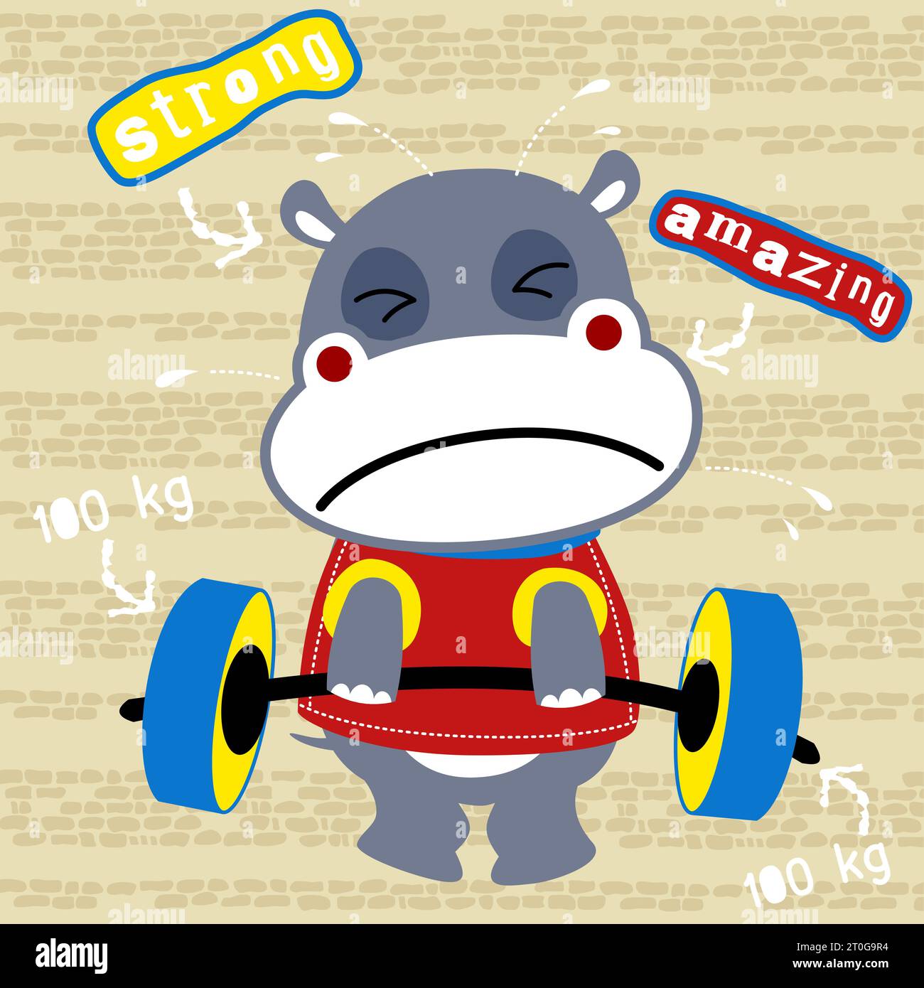 Cute hippo lifting heavy barbell on bricks background, vector cartoon ...