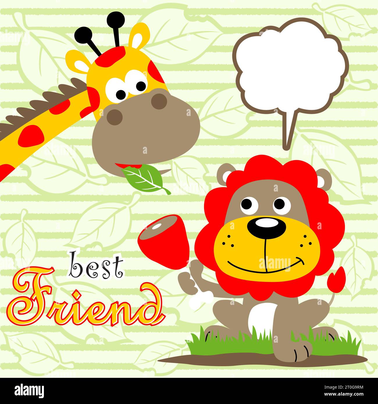 Funny giraffe eating leaf, cute lion holding meat, vector cartoon ...
