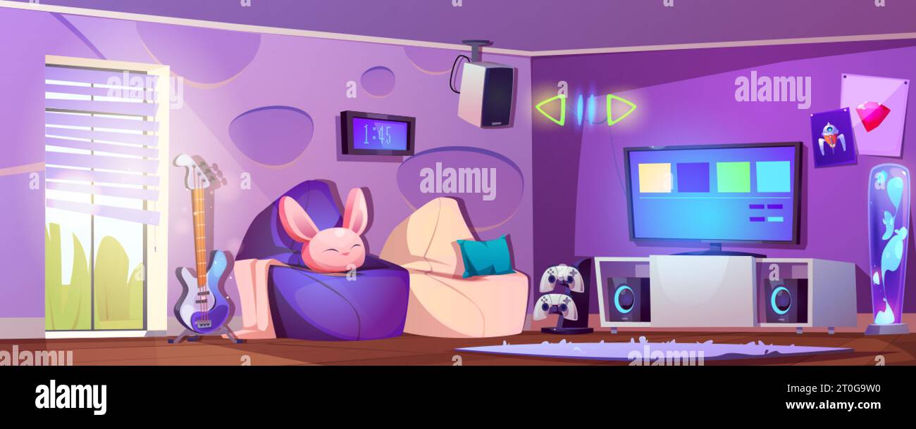 Living room for game on tv cartoon vector background. Gamer lounge ...