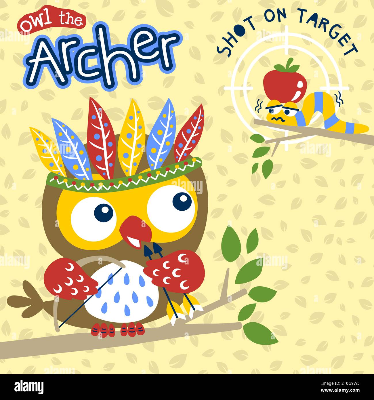 Cute owl with feather headdress playing archery, caterpillar with fruit ...