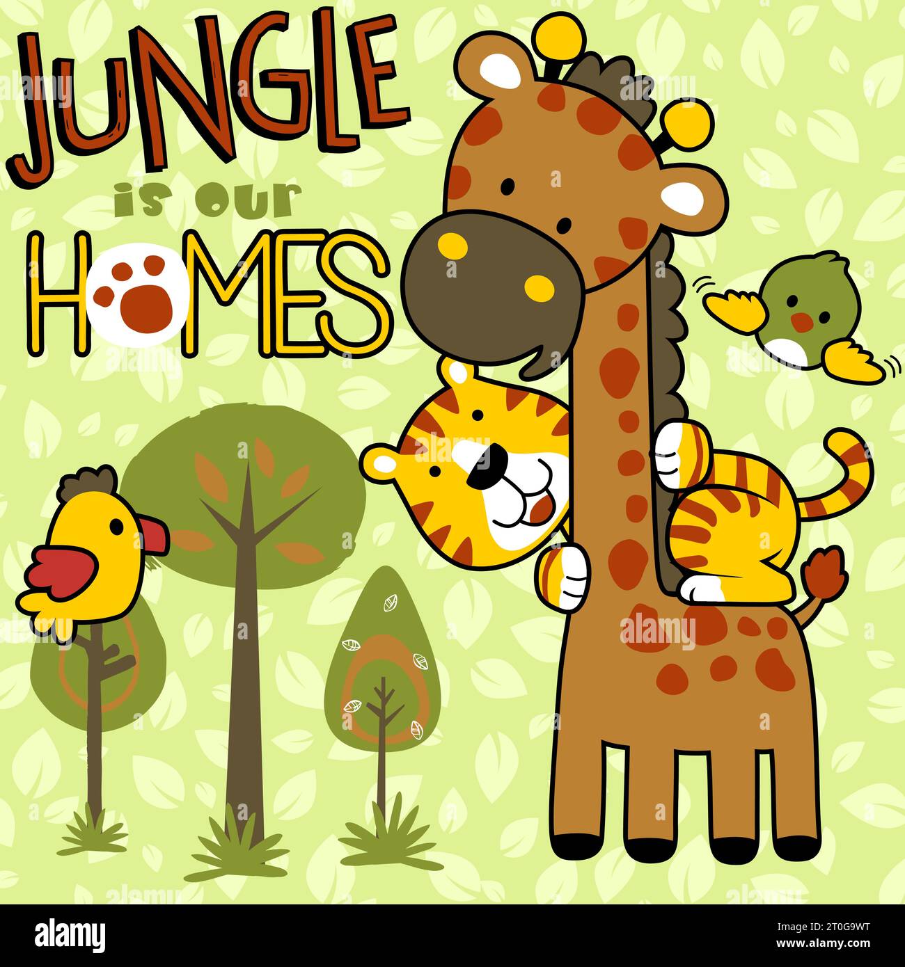 Cute tiger riding on giraffe with birds in forest, vector cartoon ...