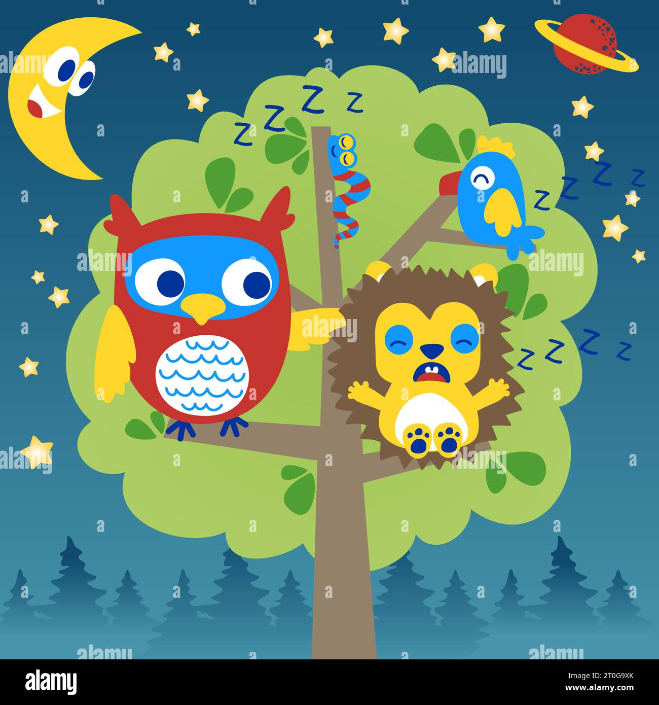 Cute animals sleeping on tree at night, vector cartoon illustration ...