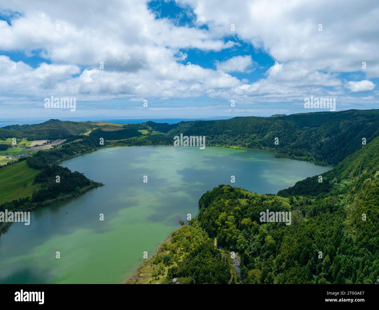 Aerial view of Lagoa das Furnas located on the Azorean island of Sao ...