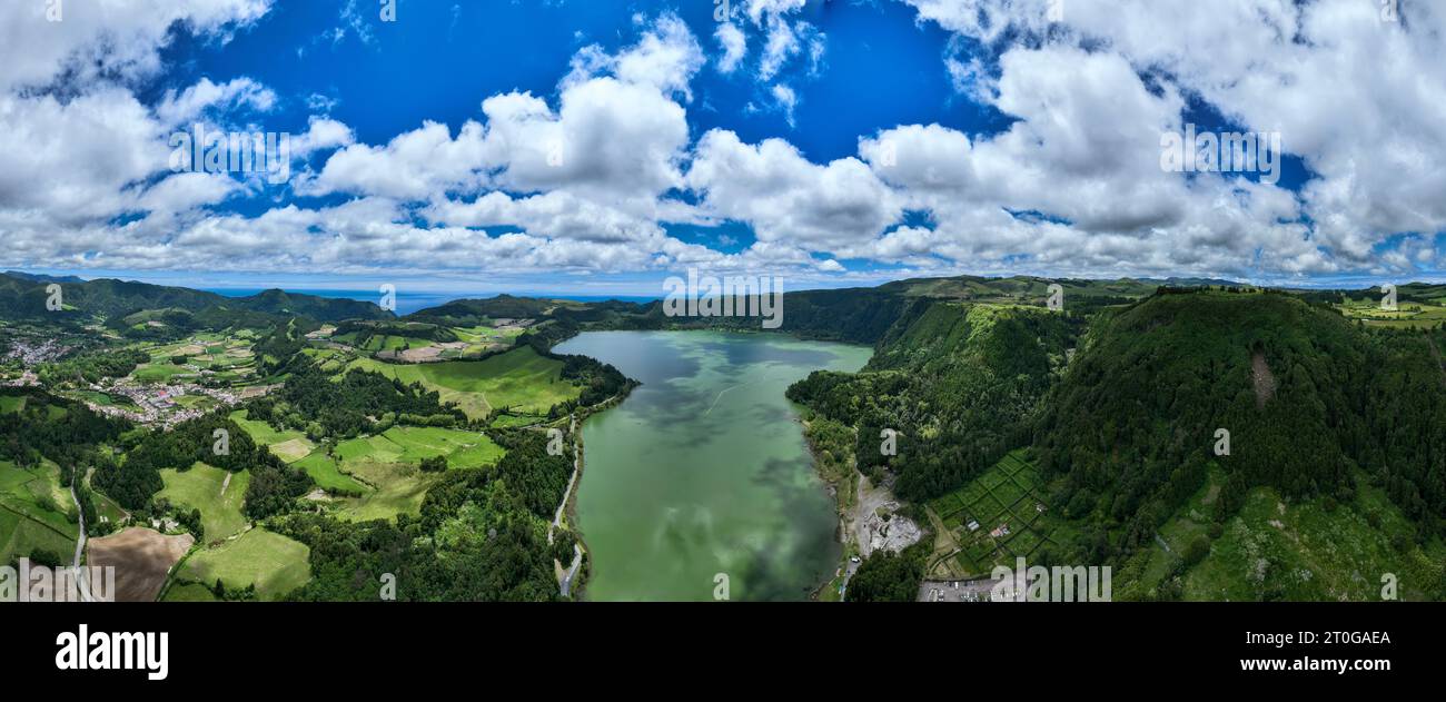 Aerial view of Lagoa das Furnas located on the Azorean island of Sao ...