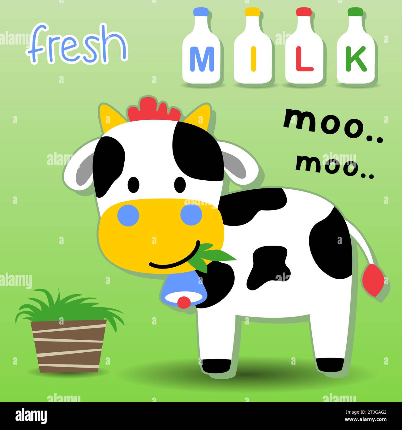 Vector cartoon illustration of cute cow eating grass with milk bottles ...