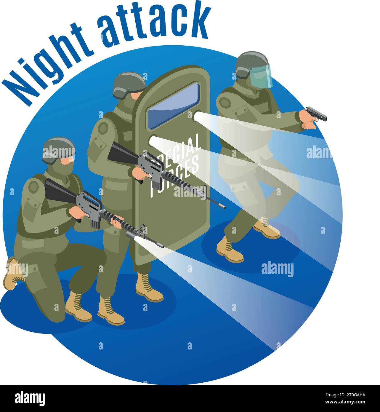 Military special forces with weapons and protective equipment during night attack on blue ...