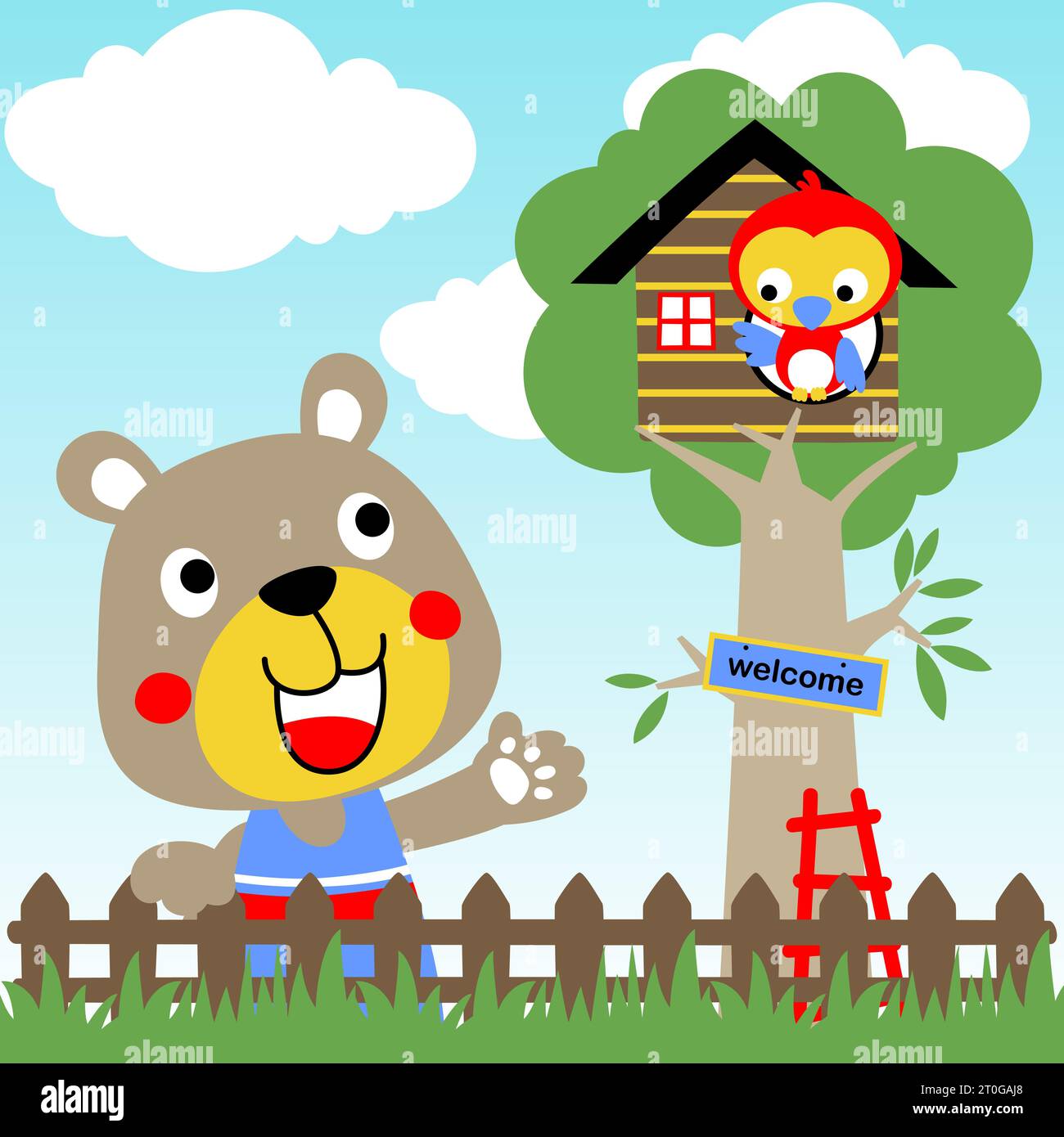 cute bear with little bird on tree house in home yard, vector cartoon ...
