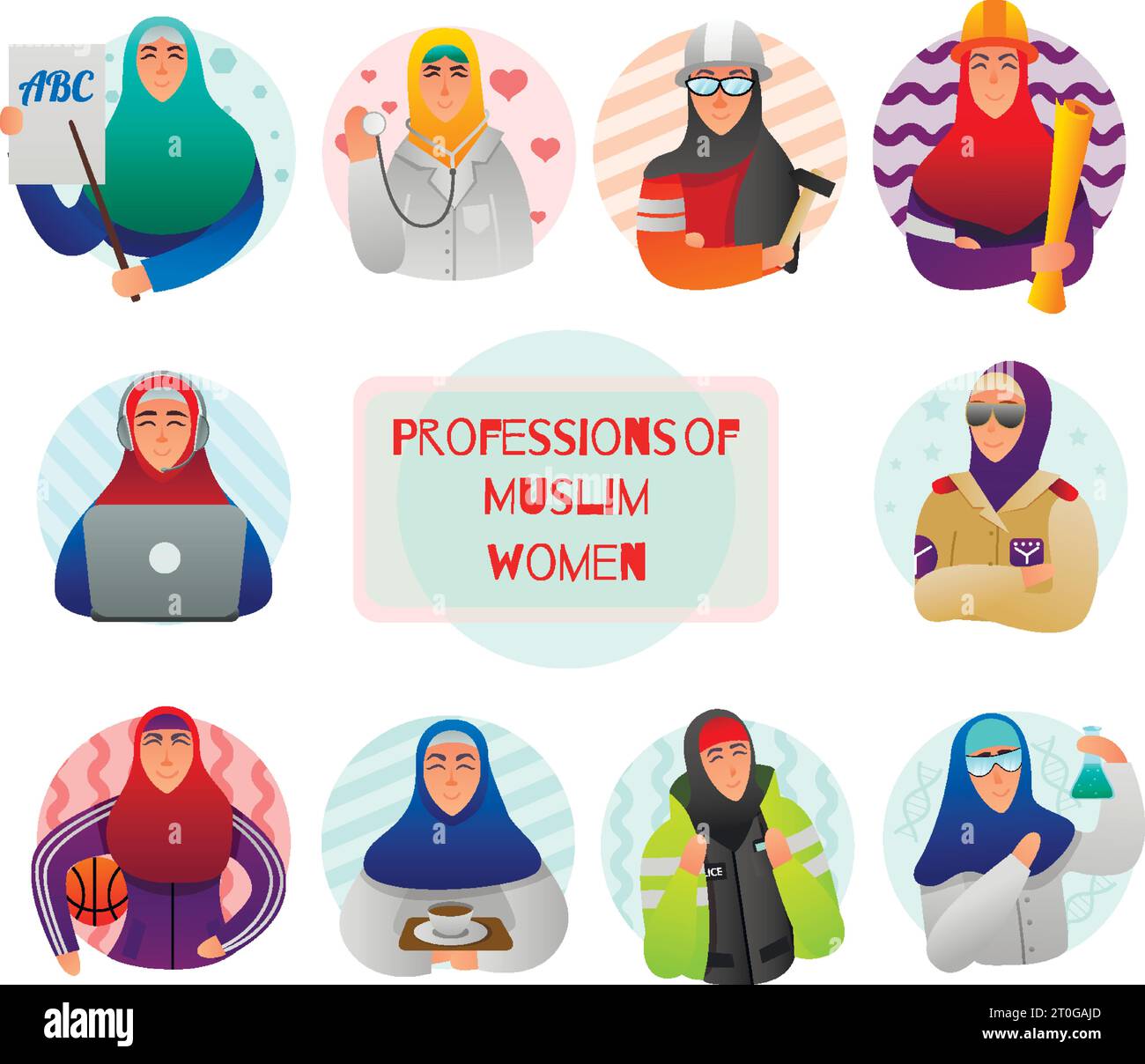Set of flat icons professions of muslim women teacher doctor military ...