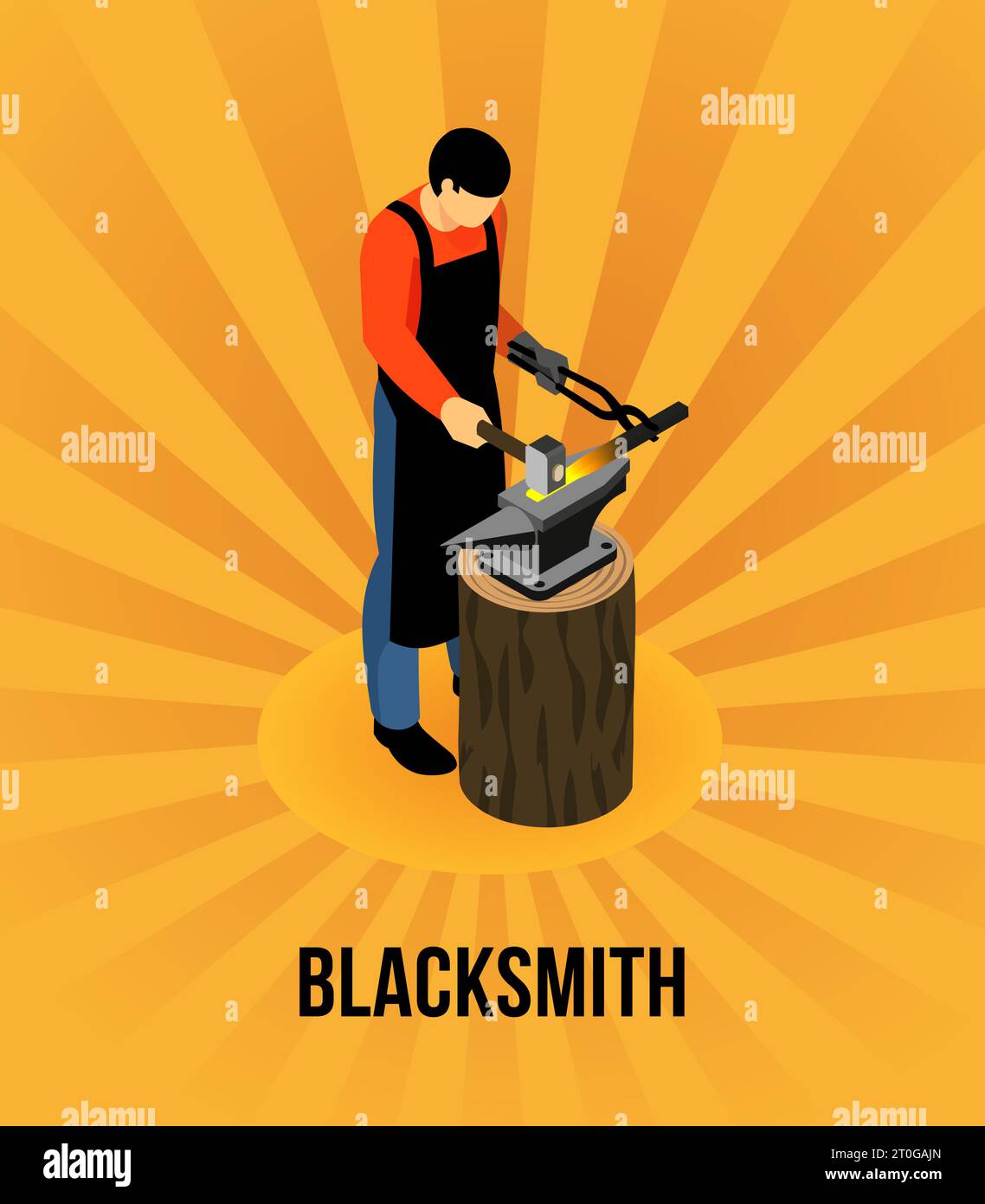 Blacksmith during metal work isometric concept on radial orange background vector illustration ...